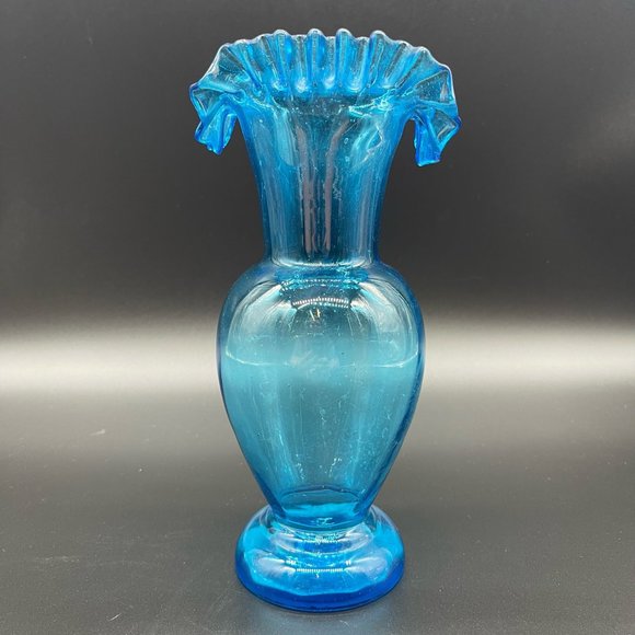 Accents | Vintage Hand Blown Art Glass Ruffled Top Blue Vase Murano ...